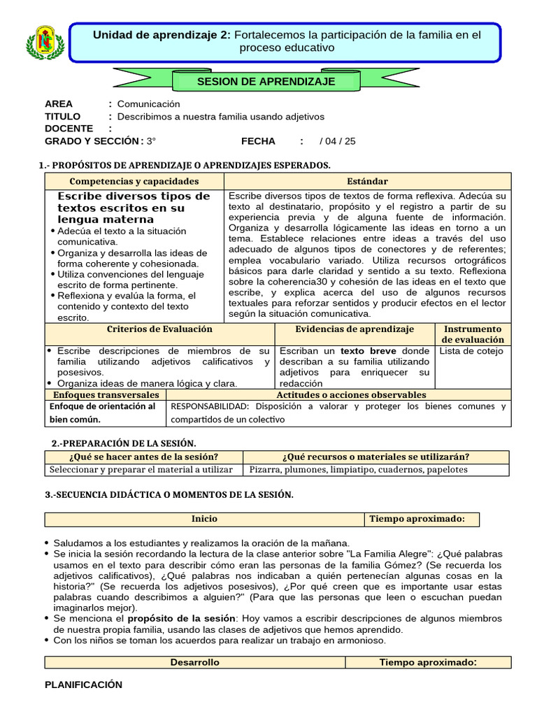 Adjetivos para describir a la familia | PDF | Aprendizaje | Evaluación