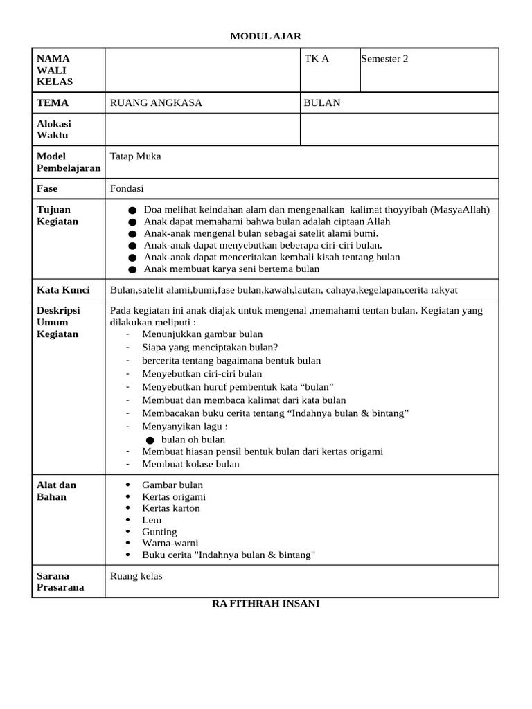 Modul Ajar TK A: Ruang Angkasa Semester 2 | PDF