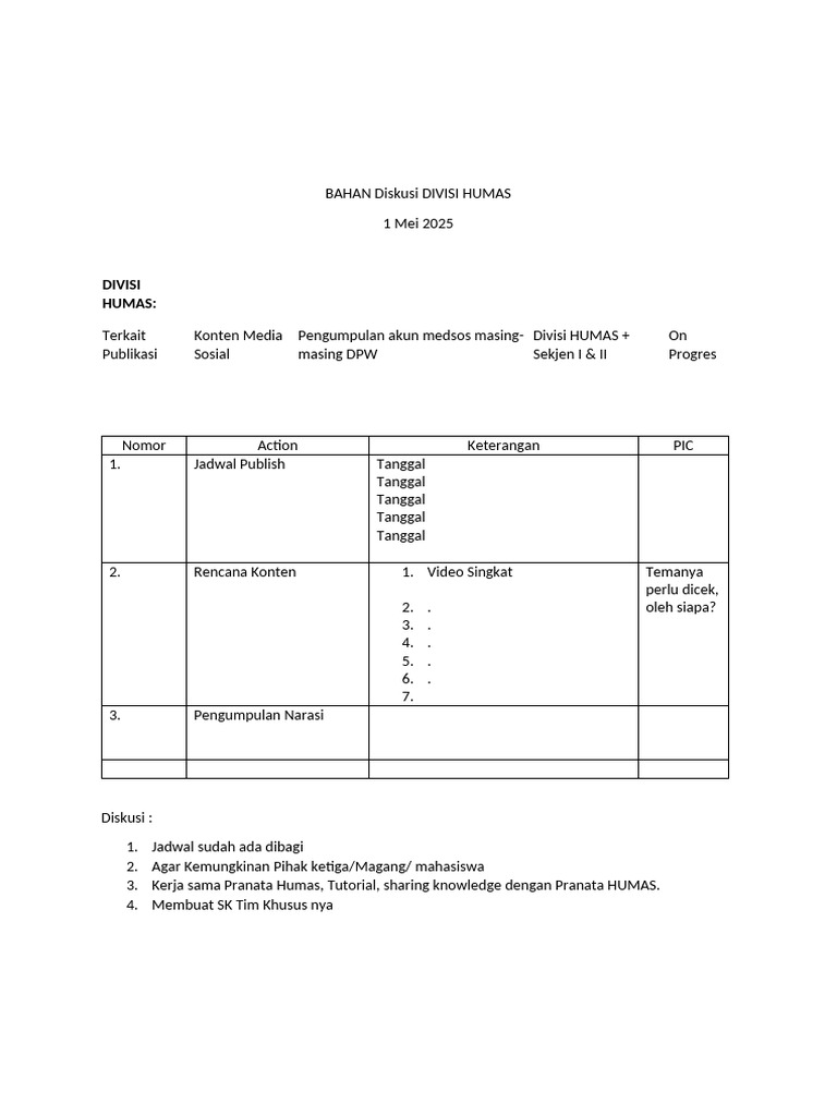 Catatan Diskusi DIVISI HUMAS 1 Mei 2025 | PDF