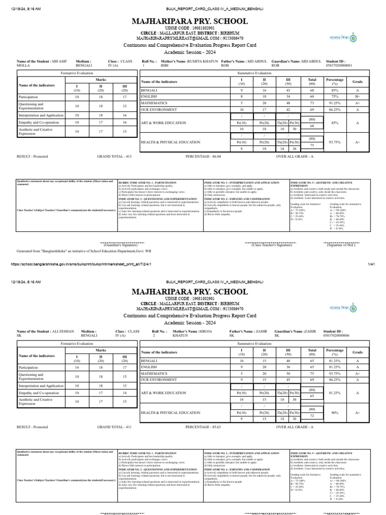 Report - Card - Class Iv 2024 | PDF | Empathy | Aesthetics