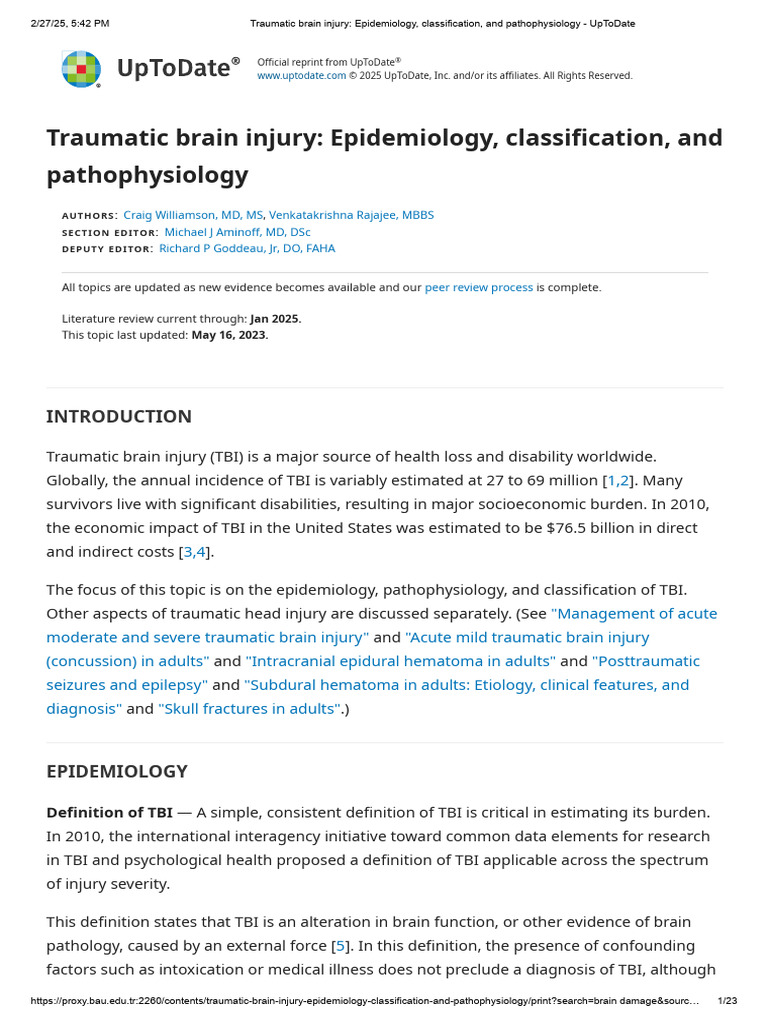 Traumatic Brain Injury - Epidemiology, Classification, and Pathophysiology - UpToDate | PDF ...
