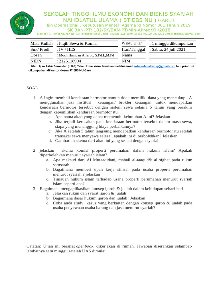 UAS Fiqih Sewa & Komisi Syariah STIEBS NU | PDF