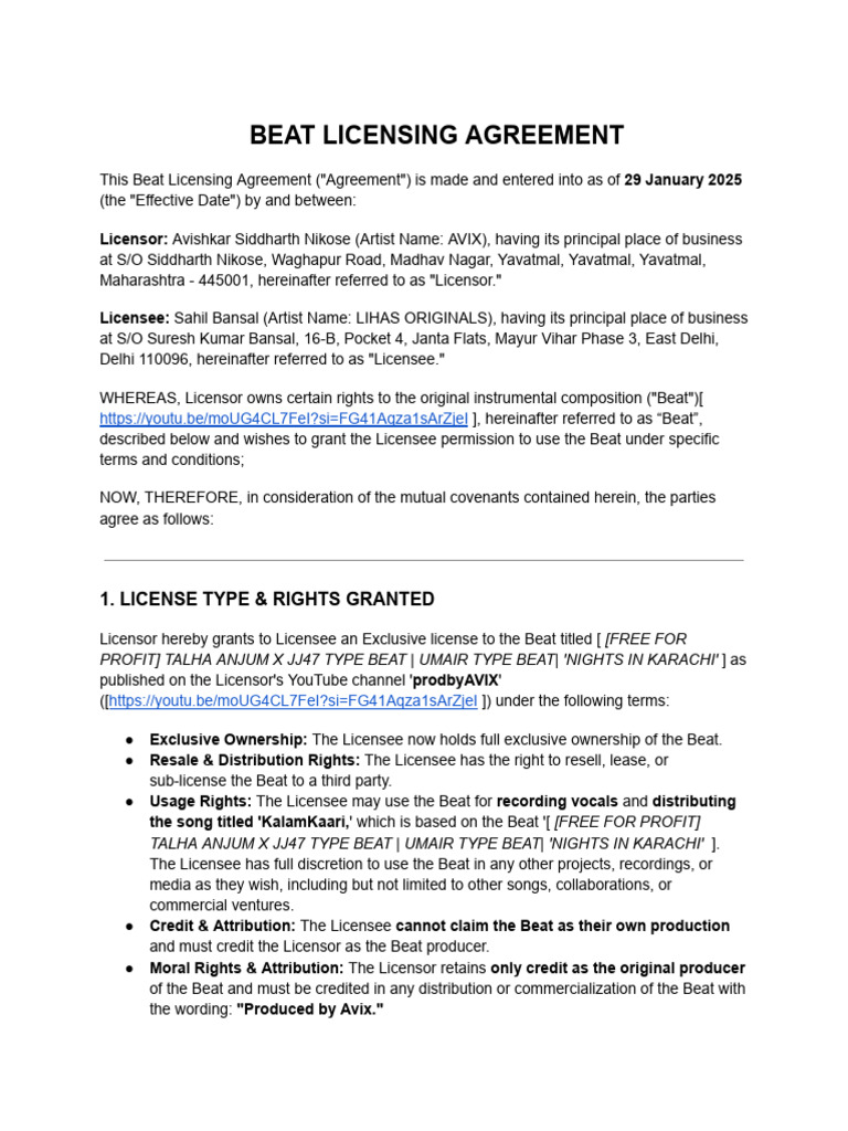 Beat Licensing Agreement _ Kalamkaari | PDF | License | Monopoly ...