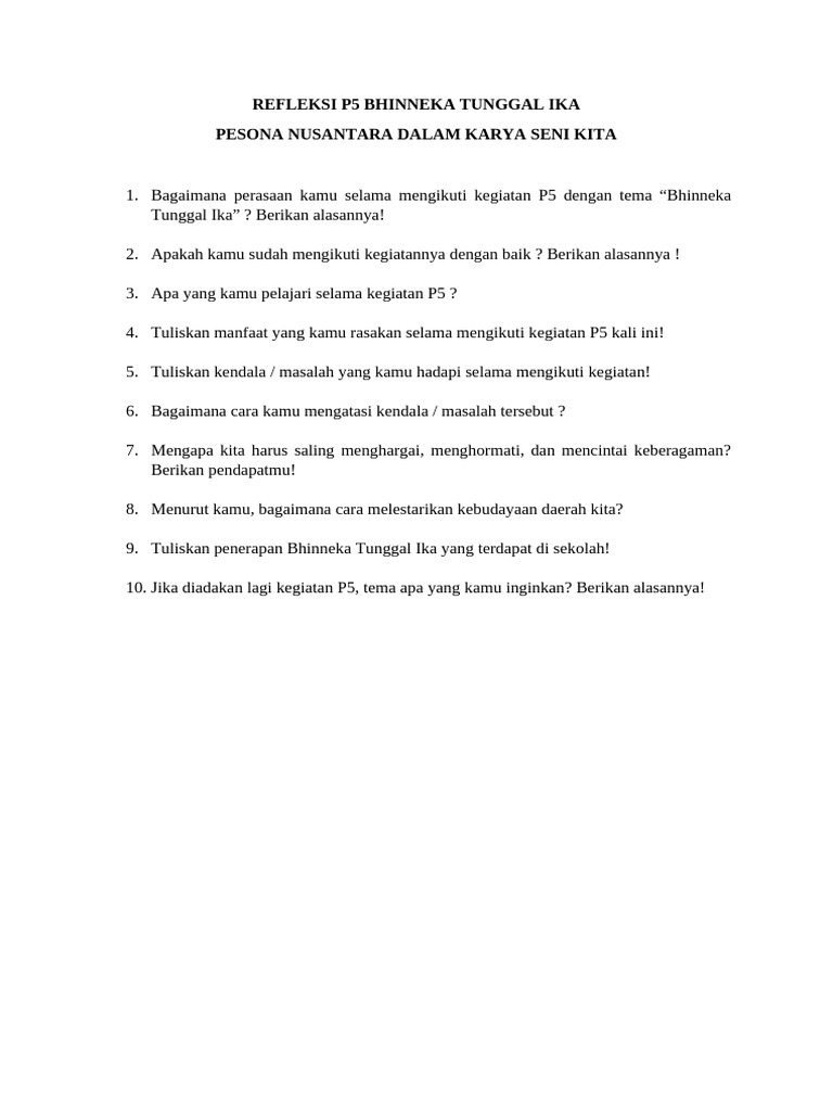 Refleksi p5 Bhinneka Tunggal Ika | PDF