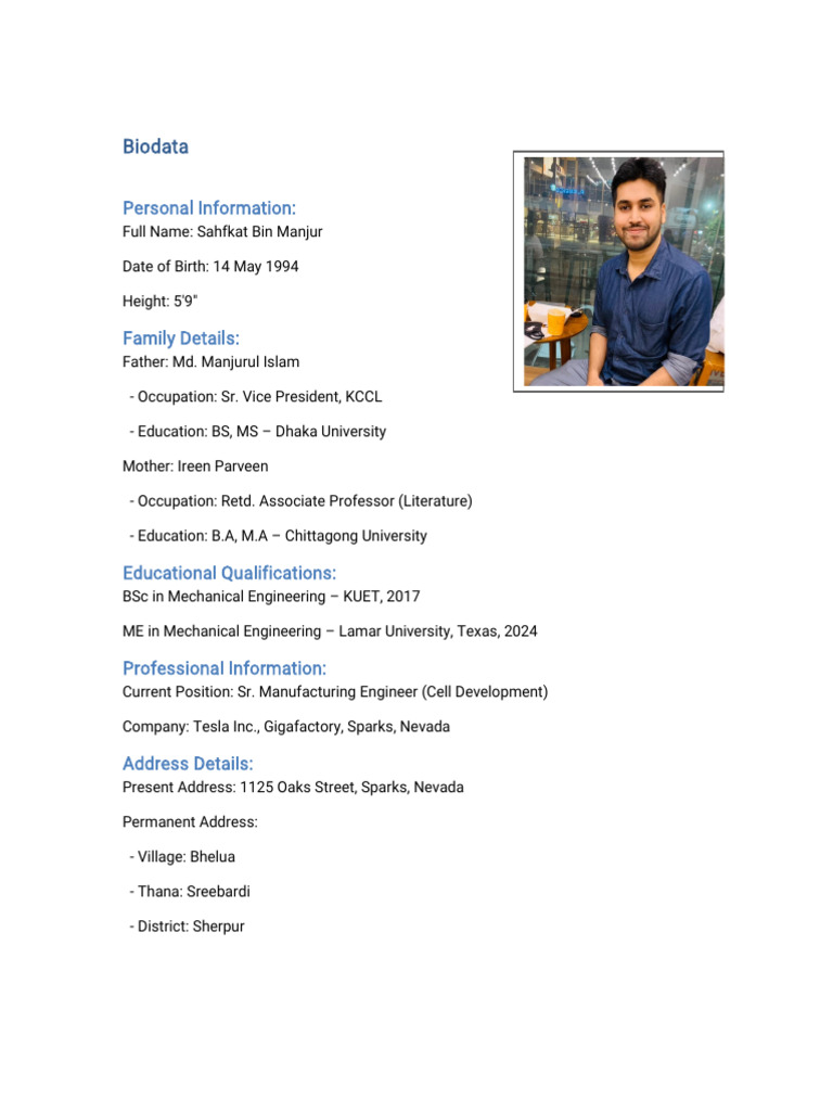 Sahfkat Bin Manjur Biodata01 | PDF
