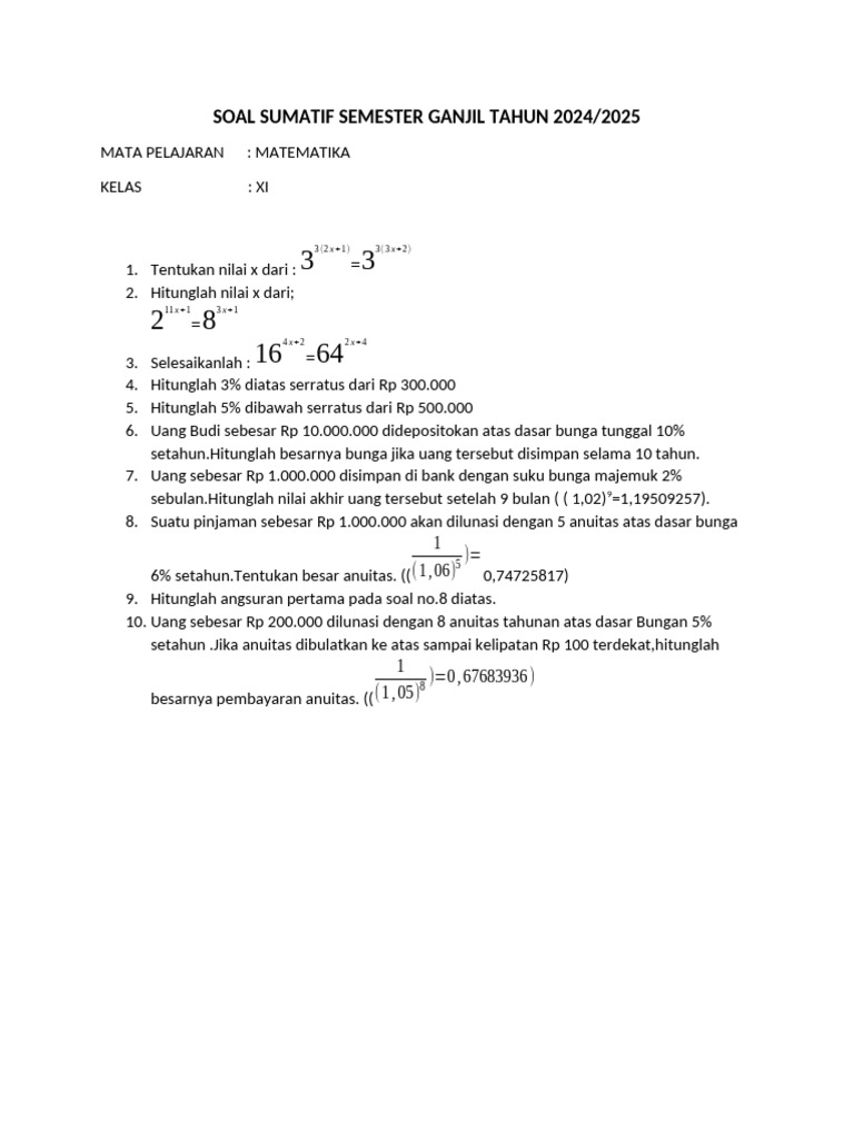 Soal Sumatif Sem Ganjil Kls Xi 2024 | PDF