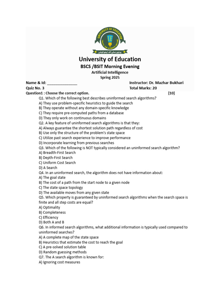 Artificial Intelligence Quiz 3 | PDF | Algorithms And Data Structures ...