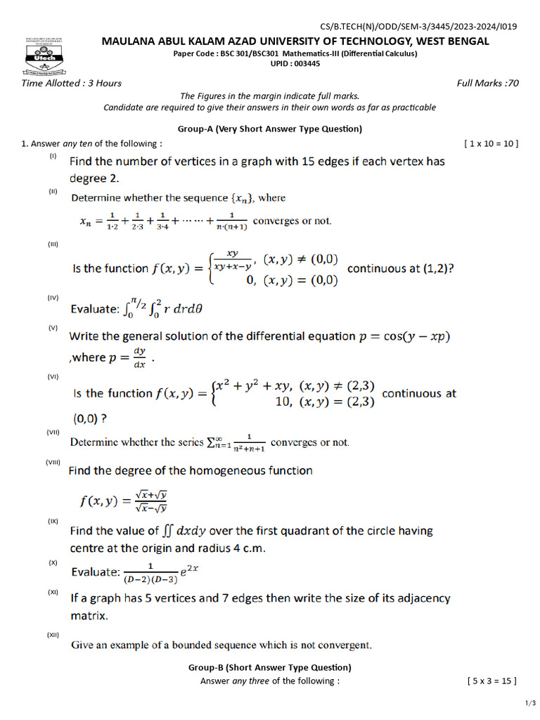 Btech Cse 3 Sem Mathematics 3 Differential Calculus BSC 301 2024 | PDF