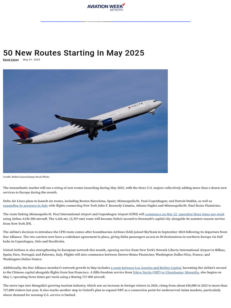 50 New Routes Starting in May 2025 - Aviation Week Network | PDF ...