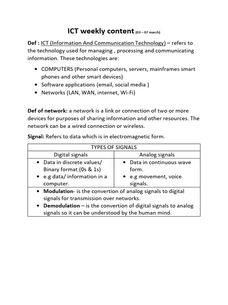 ICT Weekly Content (Week 1) | PDF | Computer Network | Information And ...