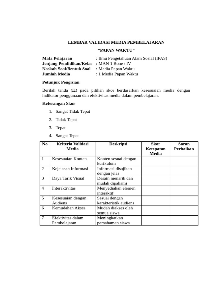Lembar Validasi Media Pembelajaran 1 | PDF
