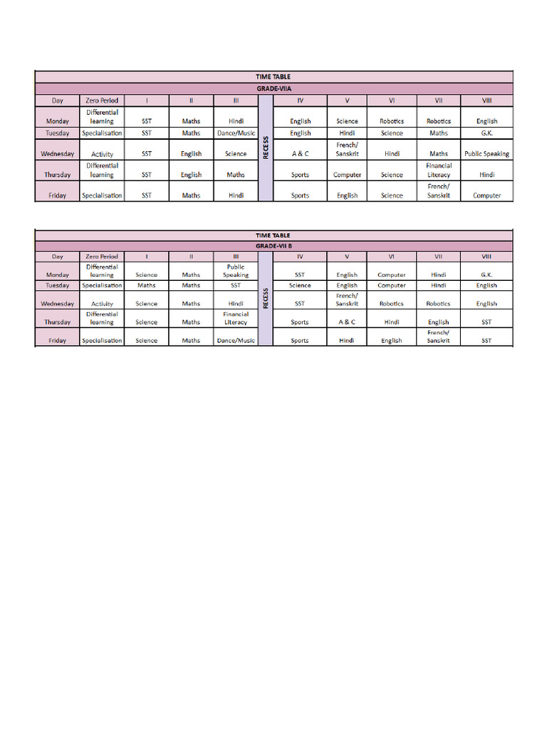 CLASS TIME TABLE VII A and VII B | PDF