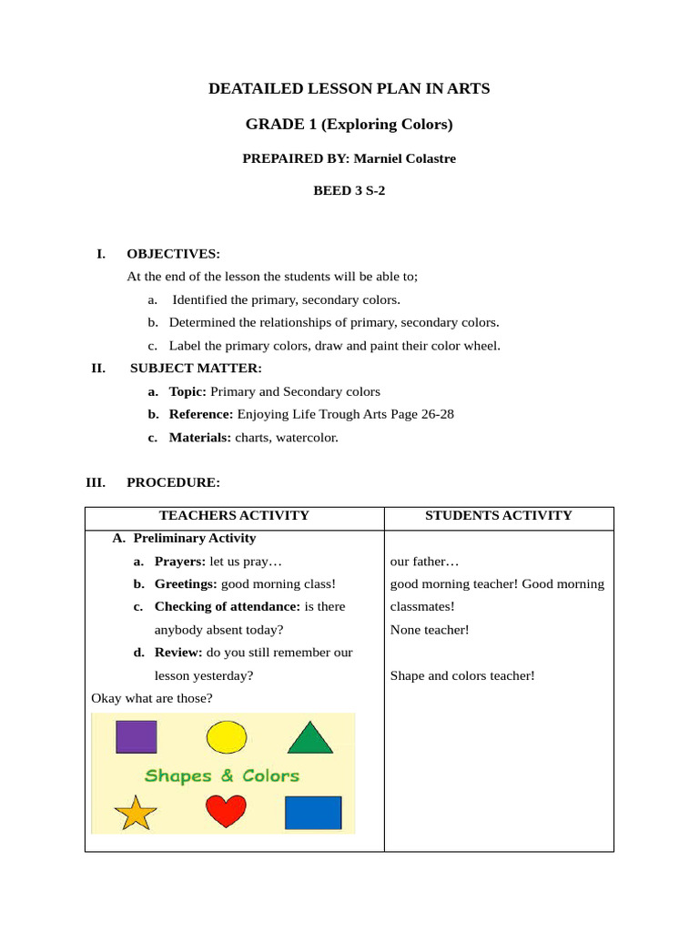 DEATAILED LESSON PLAN IN ARTS | PDF | Color | Artistic Techniques