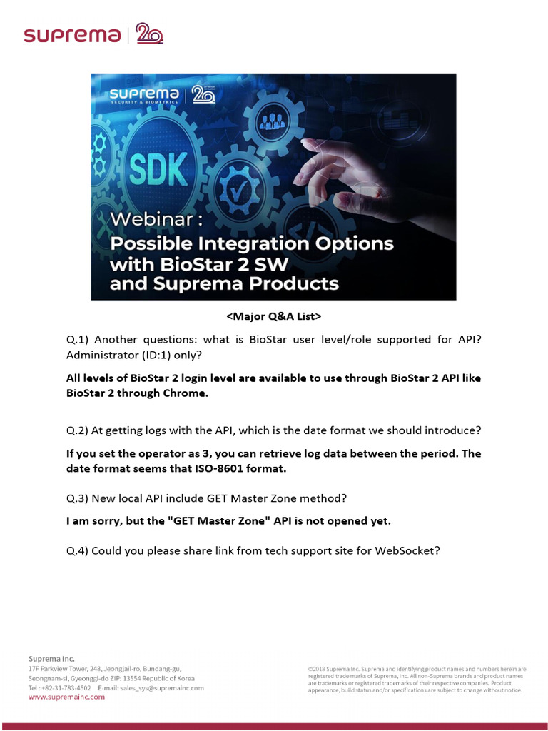 QA - List - Possible Integration Options - BioStar 2 API - SDK - G-SDK | PDF