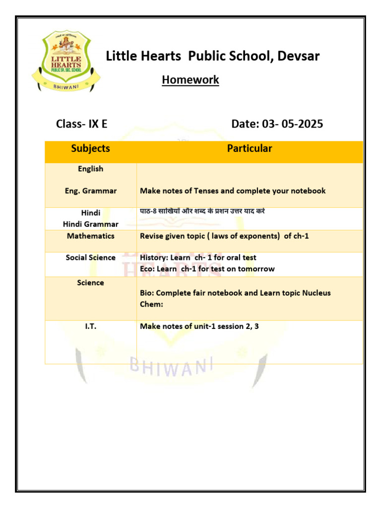 Daily Homework Class 9th E 3.05.2025 | PDF
