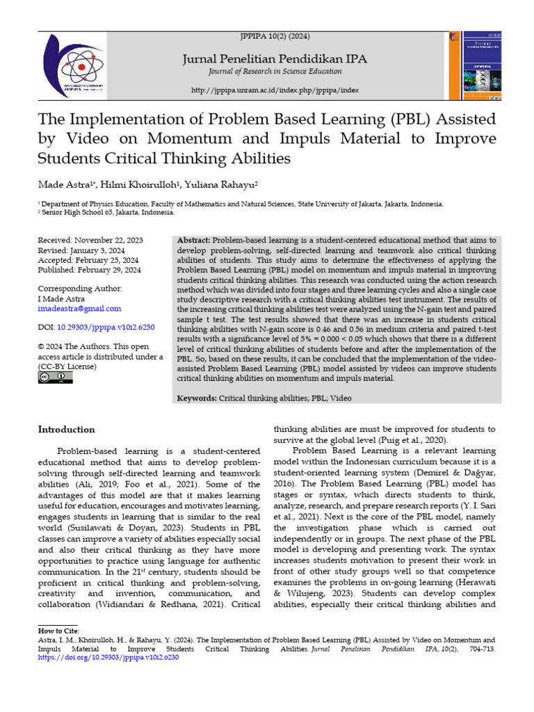 The Implementation Of Problem Based Learning Pbl A Pdf Critical