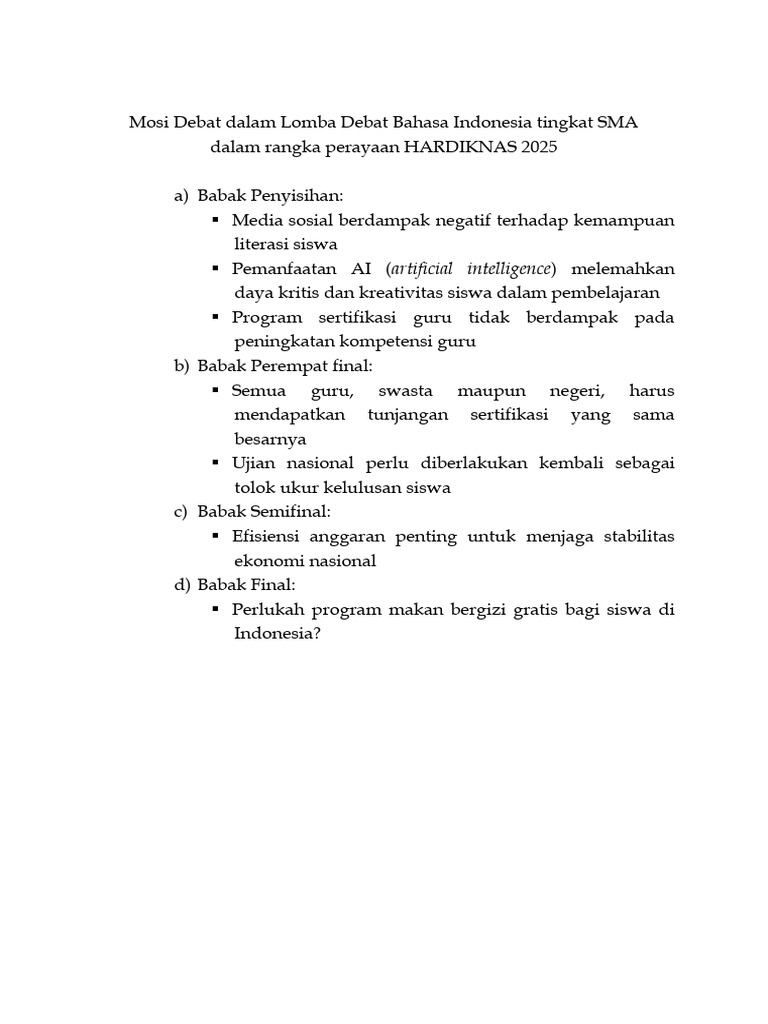 Mosi Lomba Debat Bahasa Indonesia SMA 2025 | PDF