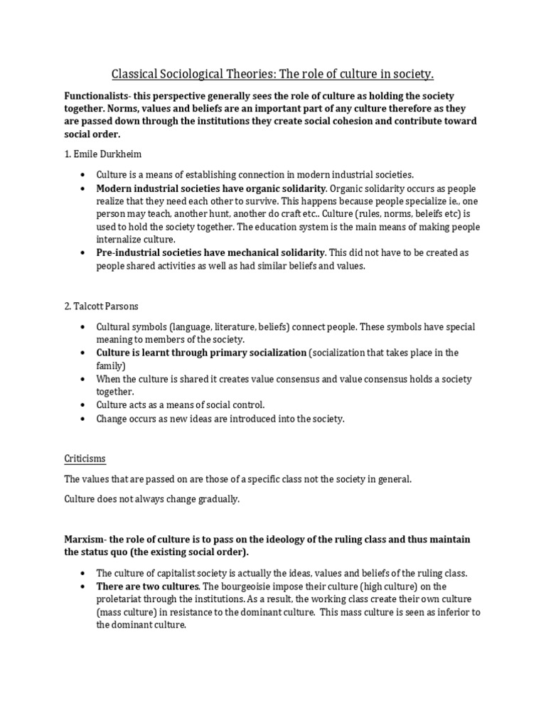 Culture Classical Sociological Theories | PDF | Society | Sociology
