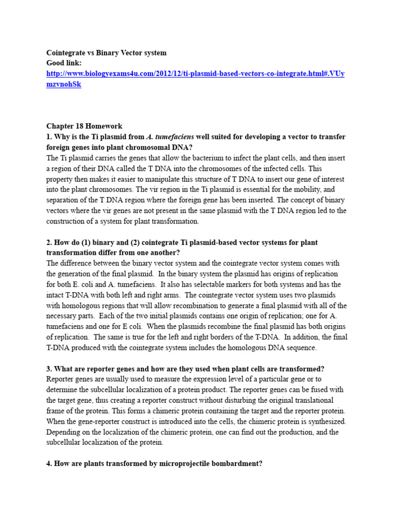 Cointegrate vs Binary Vector system.docx | PDF | Vector (Molecular ...