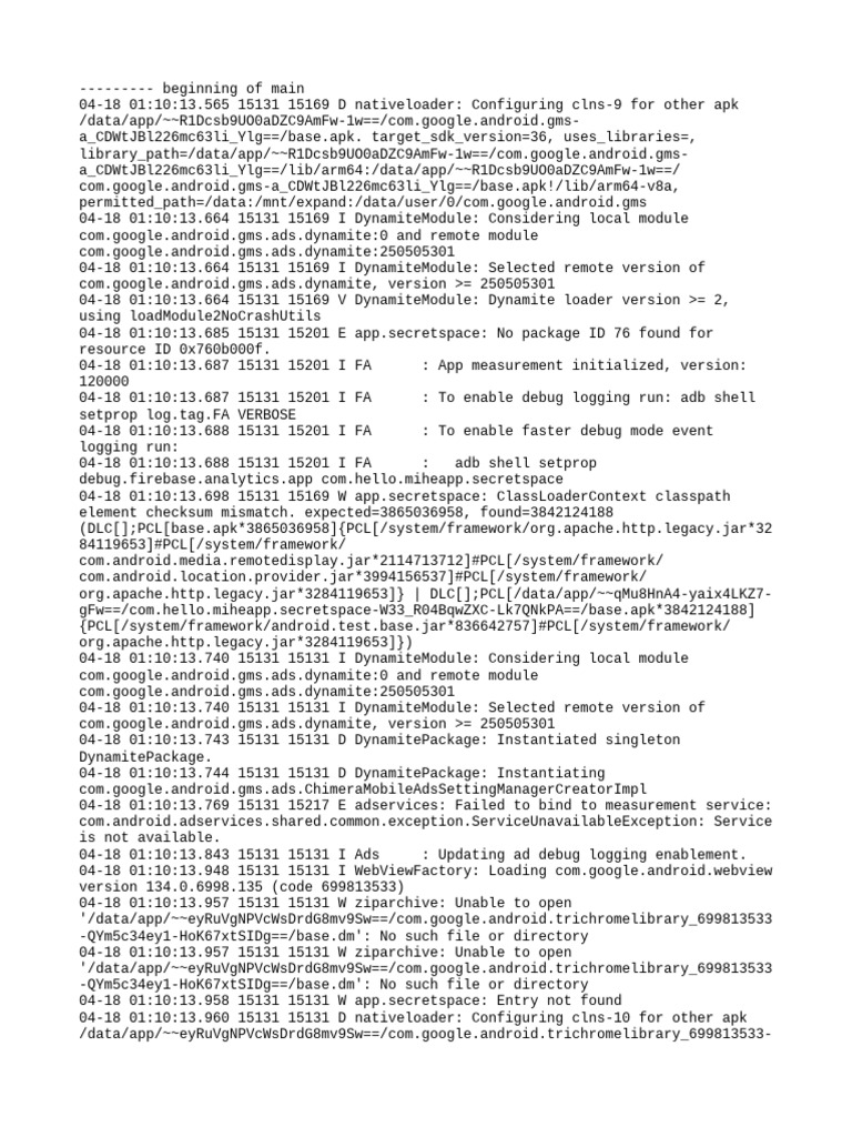 Com - Hello.miheapp - Secretspace Logcat | PDF | Java (Programming Language) | Computing