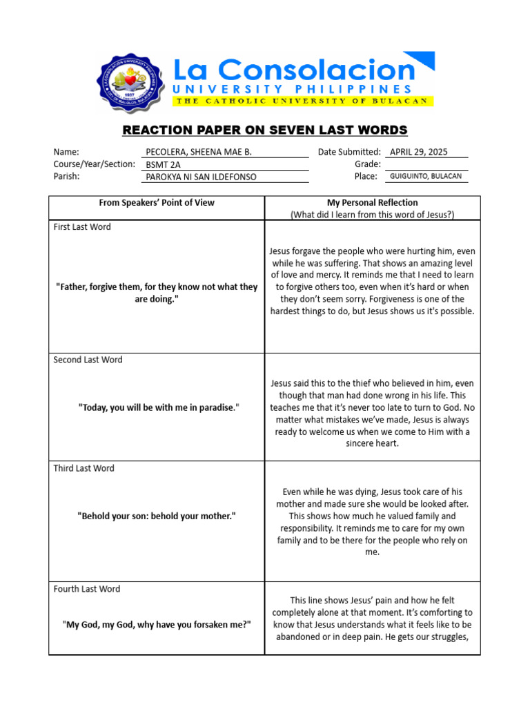 Reflection on Jesus' Seven Last Words | PDF | Forgiveness | Religious ...