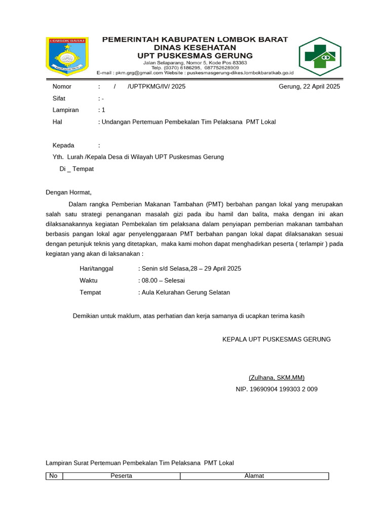 Undangan Pertemuan Pembekalan PMT | PDF