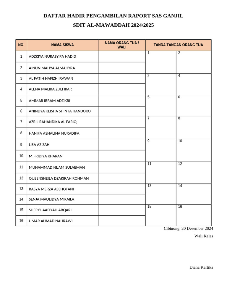 daftar hadir pengambilan rapot | PDF