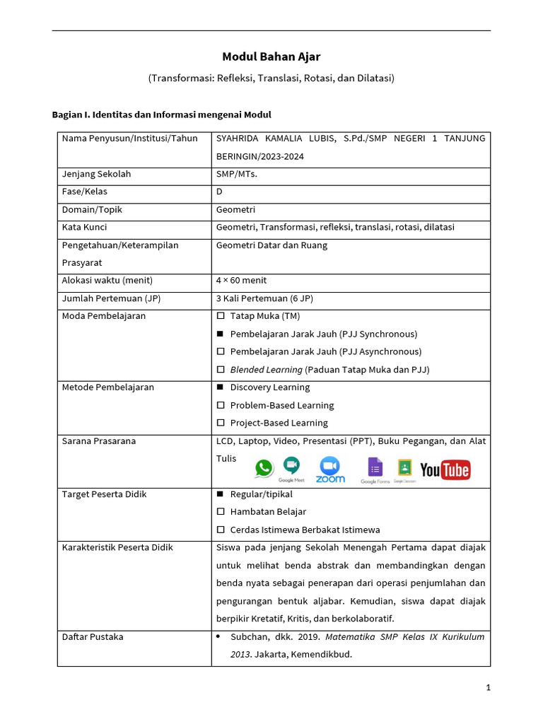 MODUL AJAR - Transformasi Geometri Kelas 7 - WWW - Kherysuryawan.id | PDF