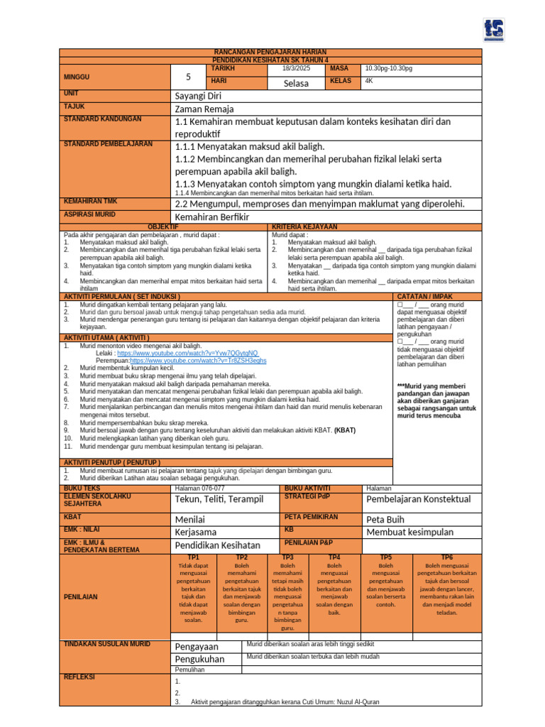 RPH Minggu 5 Pendidikan Kesihatan SK THN 4 2025 by Cikgu Gorgeous | PDF