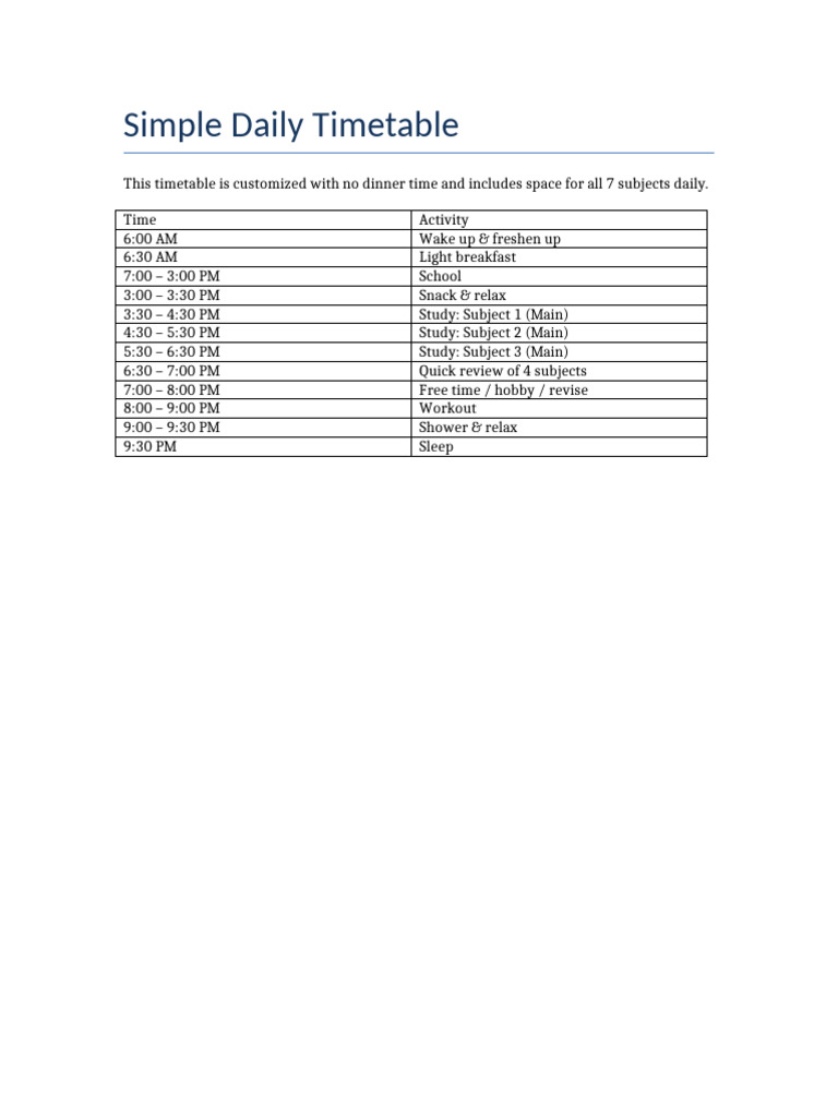 Simple Daily Timetable | PDF