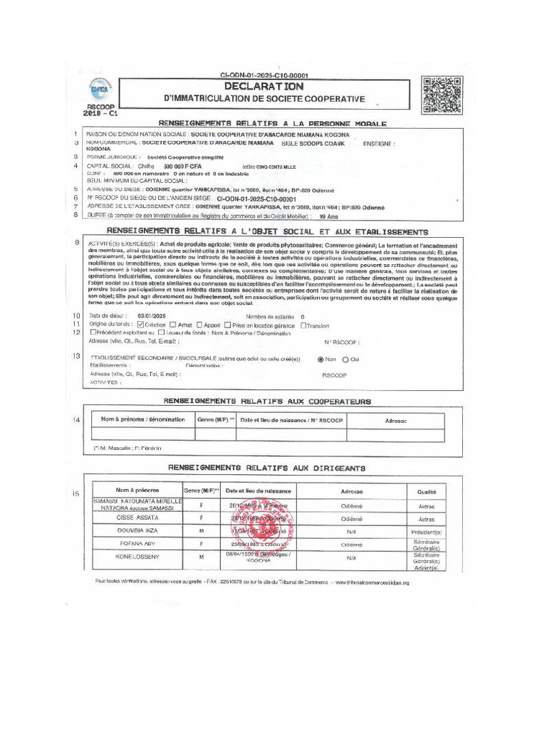 DECLARATION D'IMMATRICULATION | PDF