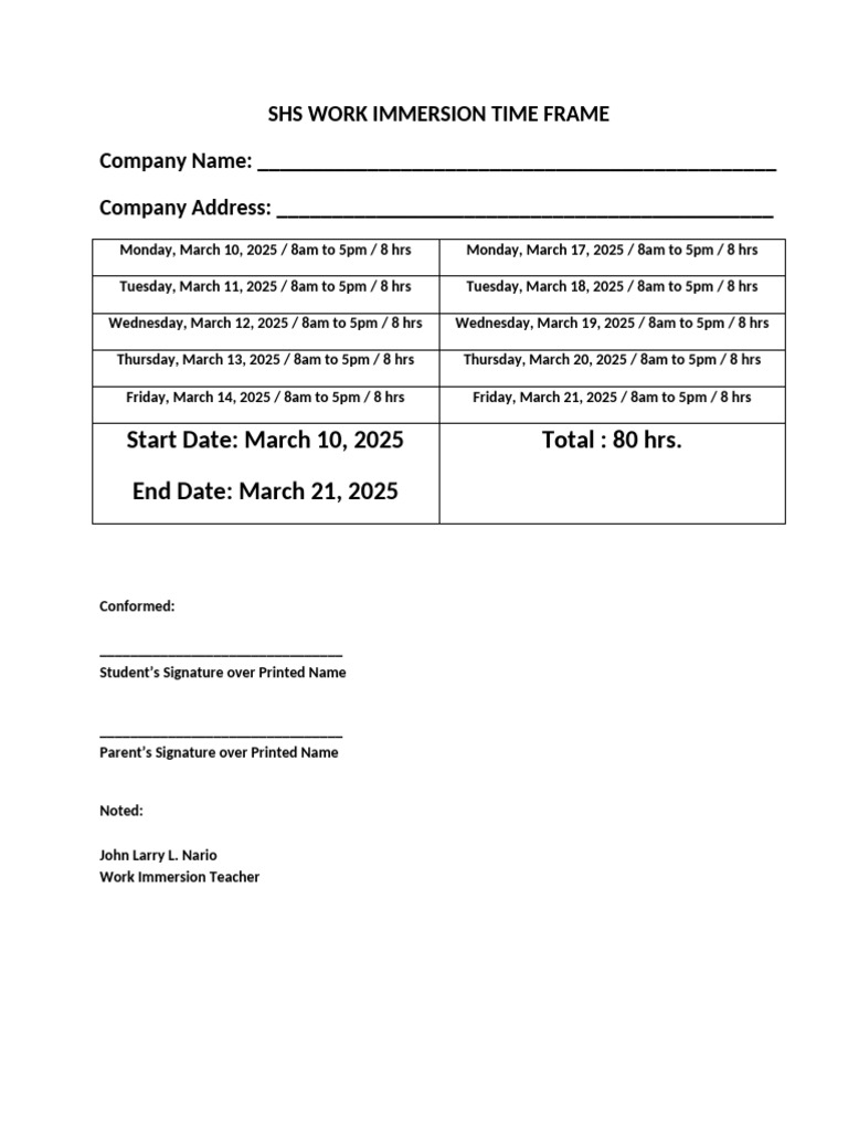 Shs Work Immersion Time Frame | PDF