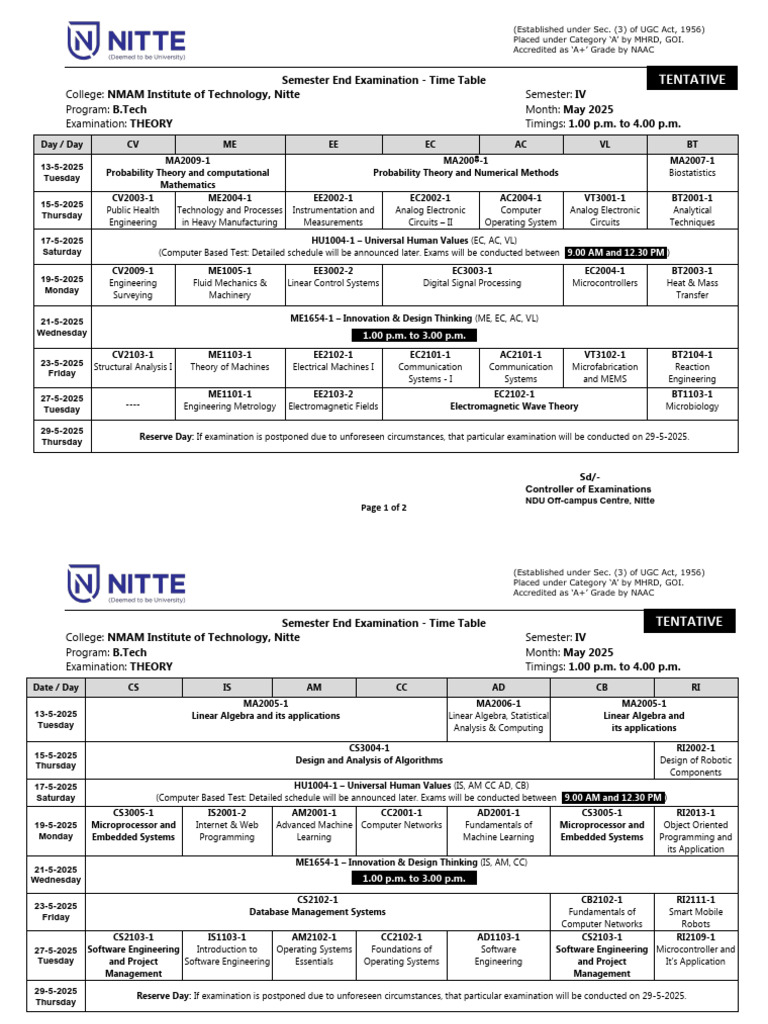 2) SEE Time Table - 4 Sem BTech - May 2025 | PDF | Applied Mathematics | Computing
