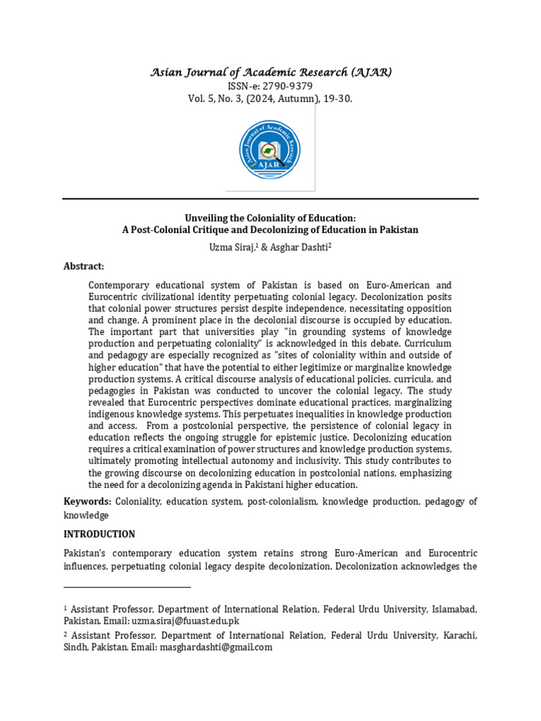 Decolonizing Education in Pakistan | PDF | Postcolonialism | Colonialism