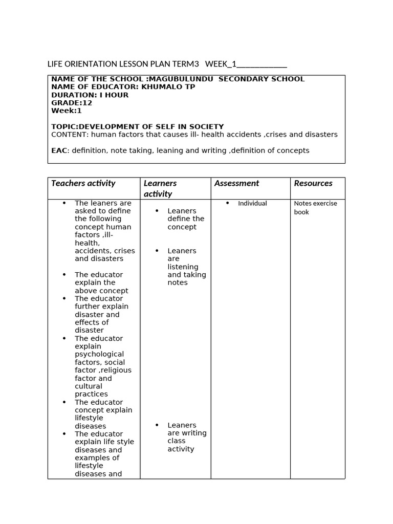 Life Orientation Lesson Plan Term3 Week | PDF | Employment | Lesson Plan