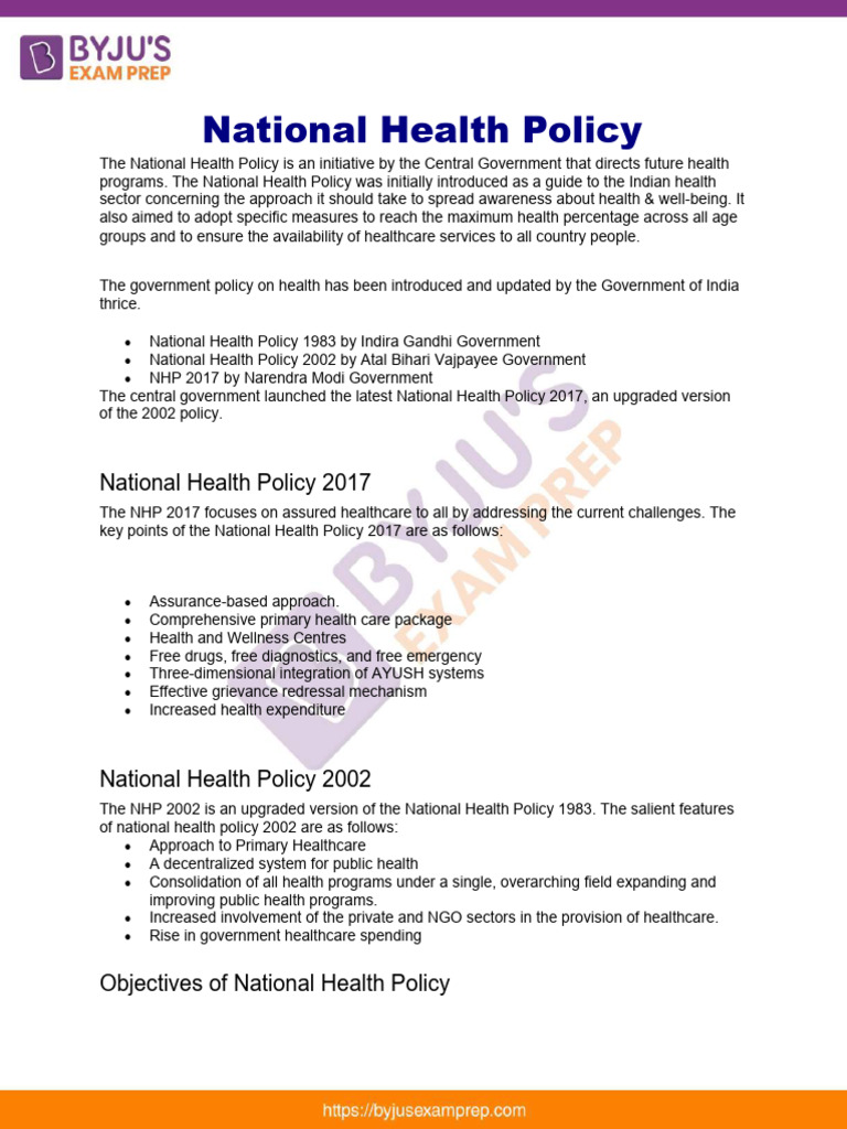 Overview of India's National Health Policies | PDF | Health Policy ...