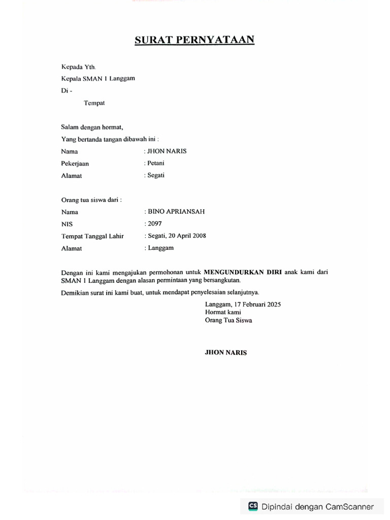 Surat Pernyataan Bino Apriansyah | PDF