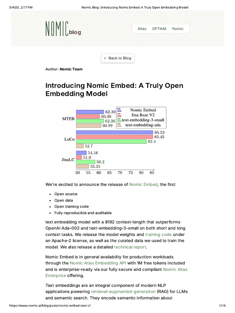 Nomic Blog - Introducing Nomic Embed - A Truly Open Embedding Model | PDF | Artificial ...