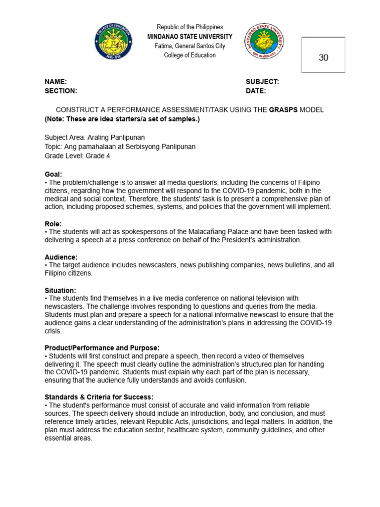 GRASPS Model - Scoring Rubrics | PDF