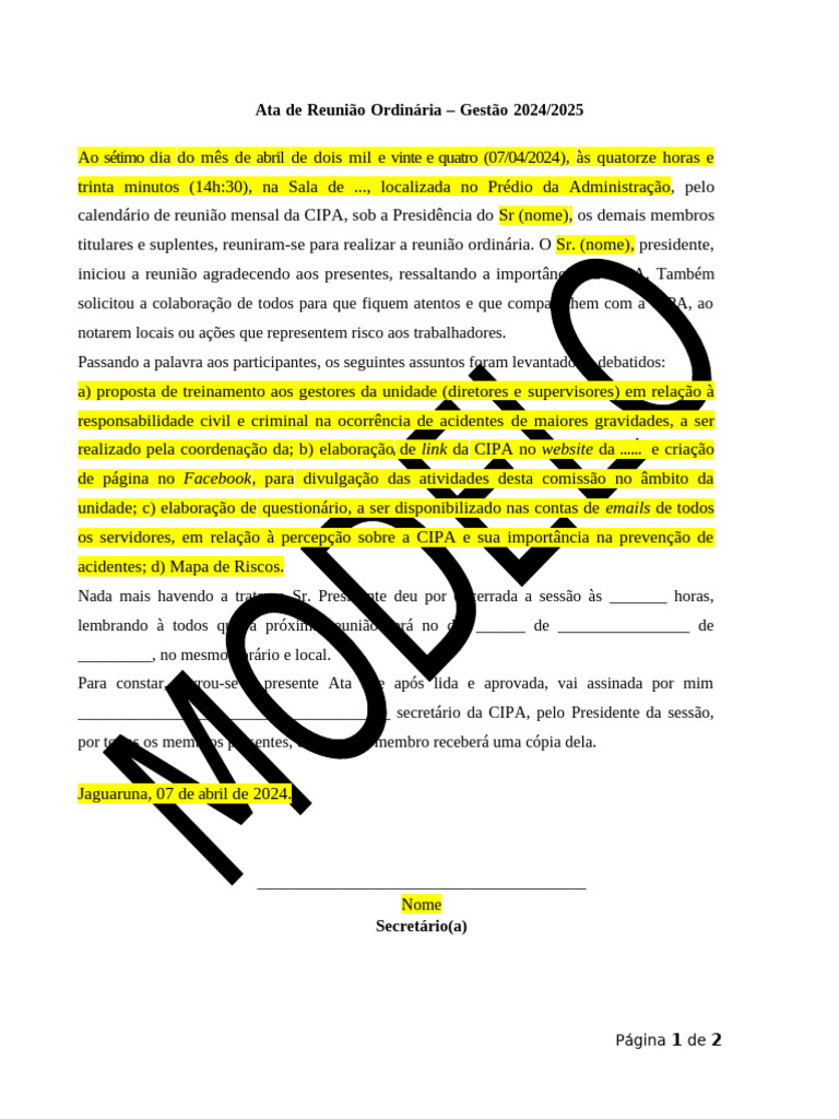 1 - Ata de Reunião Da Cipa - Modelo | PDF
