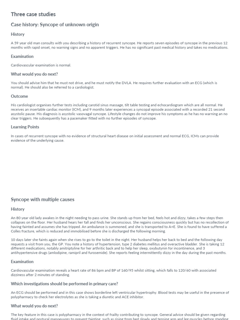 Case Studies Syncope Basics | PDF | Diseases And Disorders | Medical Specialties