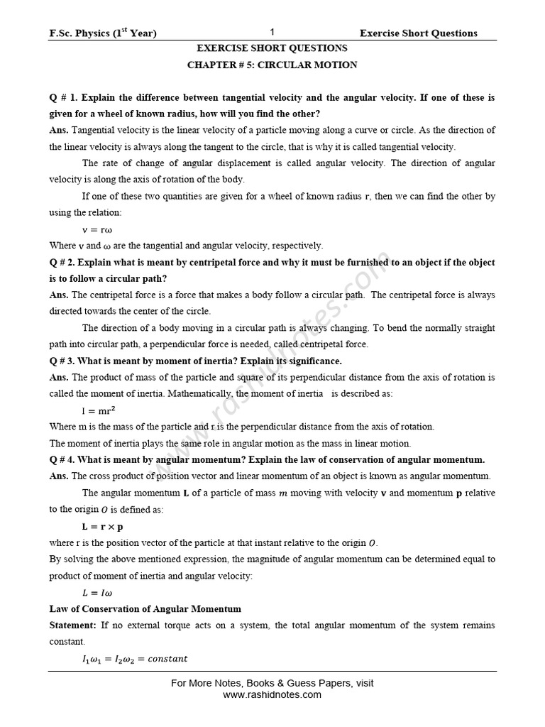Chapter 5 Circular Motion (Exercise SQS) (Rashid Notes) | PDF | Angular ...