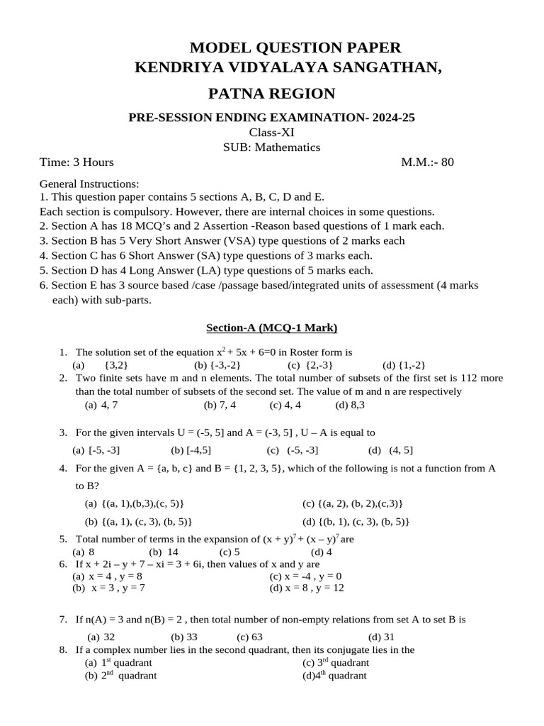 Class 11 Mathematics Model Paper 2024 | PDF | Mathematical Concepts ...