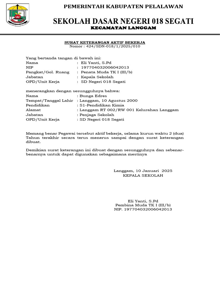 Surat Keterangan Aktif Bekerja Segati | PDF
