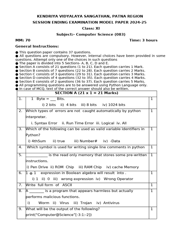 Class XI Computer Science Model Paper | PDF | Bit | Computer Program