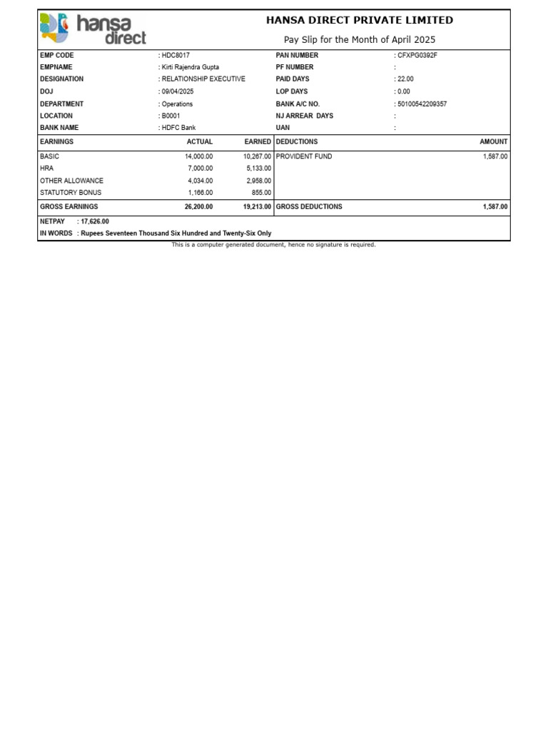 HDC8017 Payslip Apr2025 | PDF