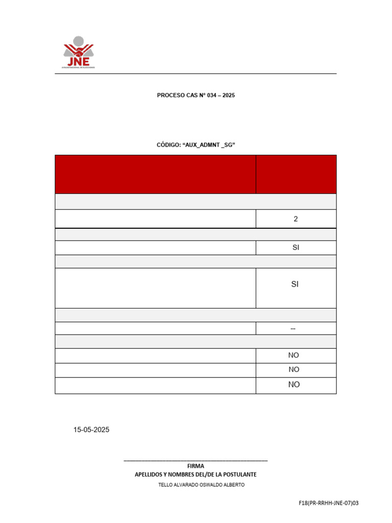 Índice: (Requisitos Mínimos Según Los Requisitos Del Puesto o Modalidad Formativa A La Que ...