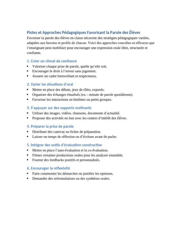 Stratégies pour Encourager la Parole en Classe | PDF