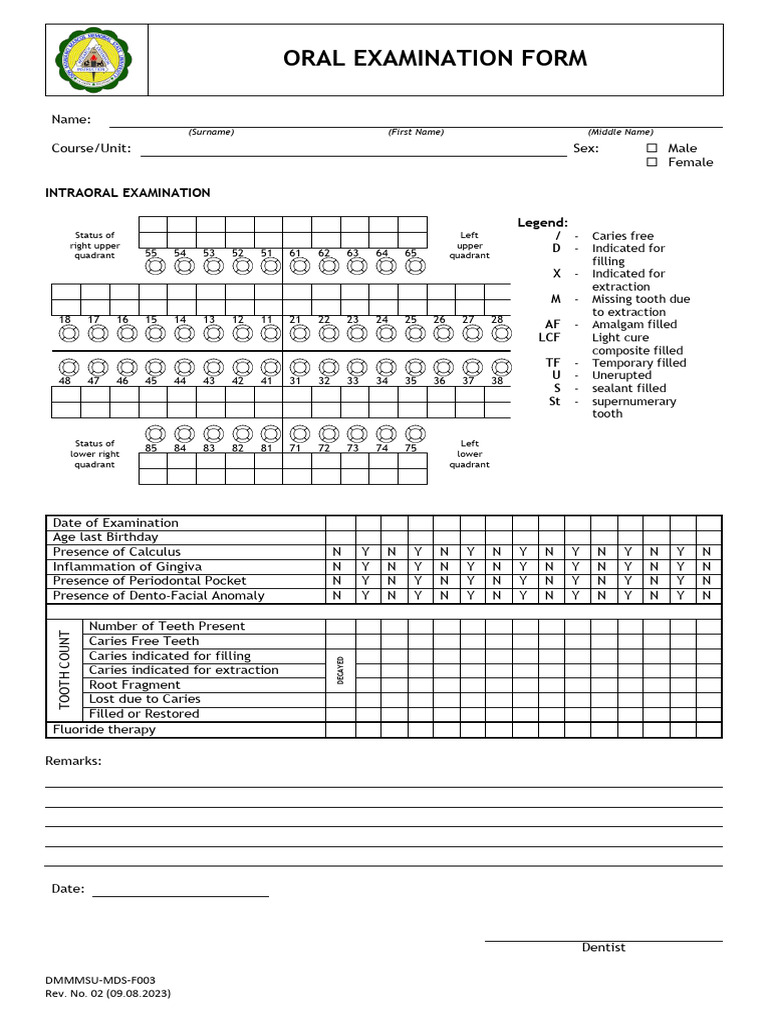 F003 - Oral Examination Form 2024 | PDF | Human Tooth | Health Sciences