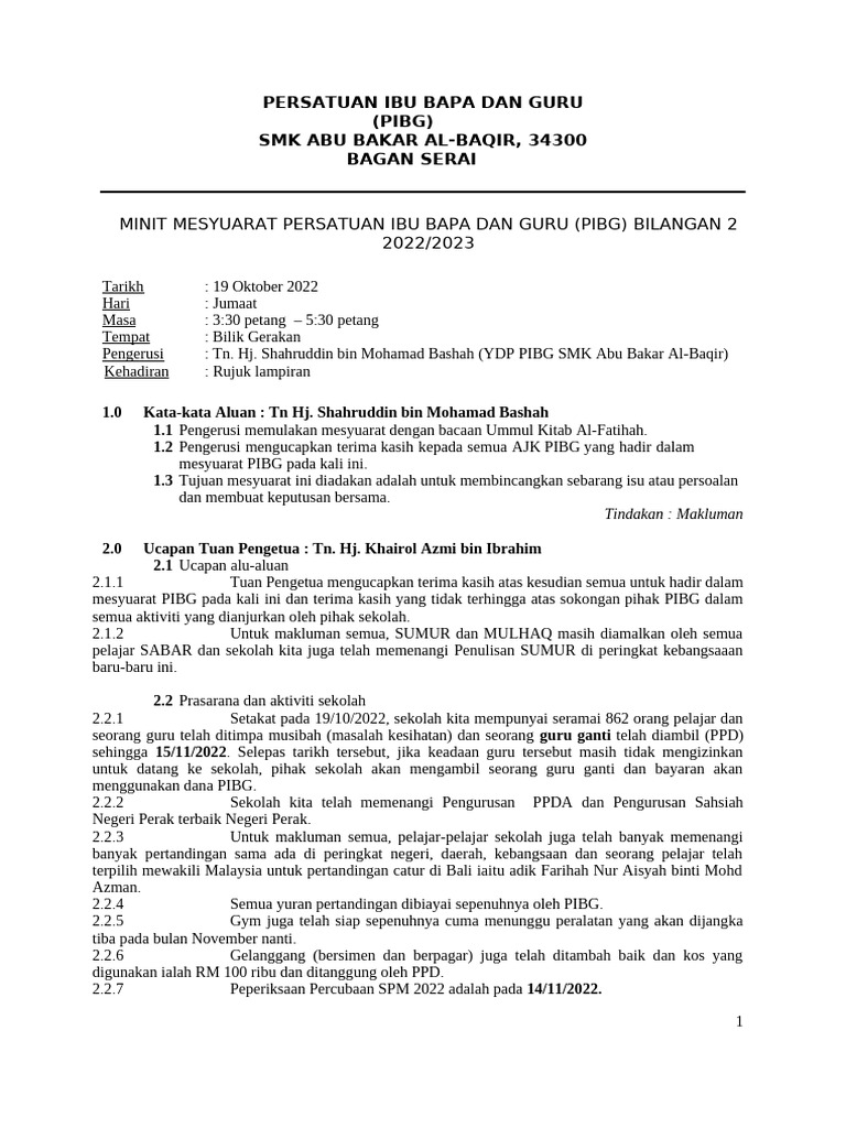 Minit Mesyuarat AJK Bil-2 2022 2023 | PDF